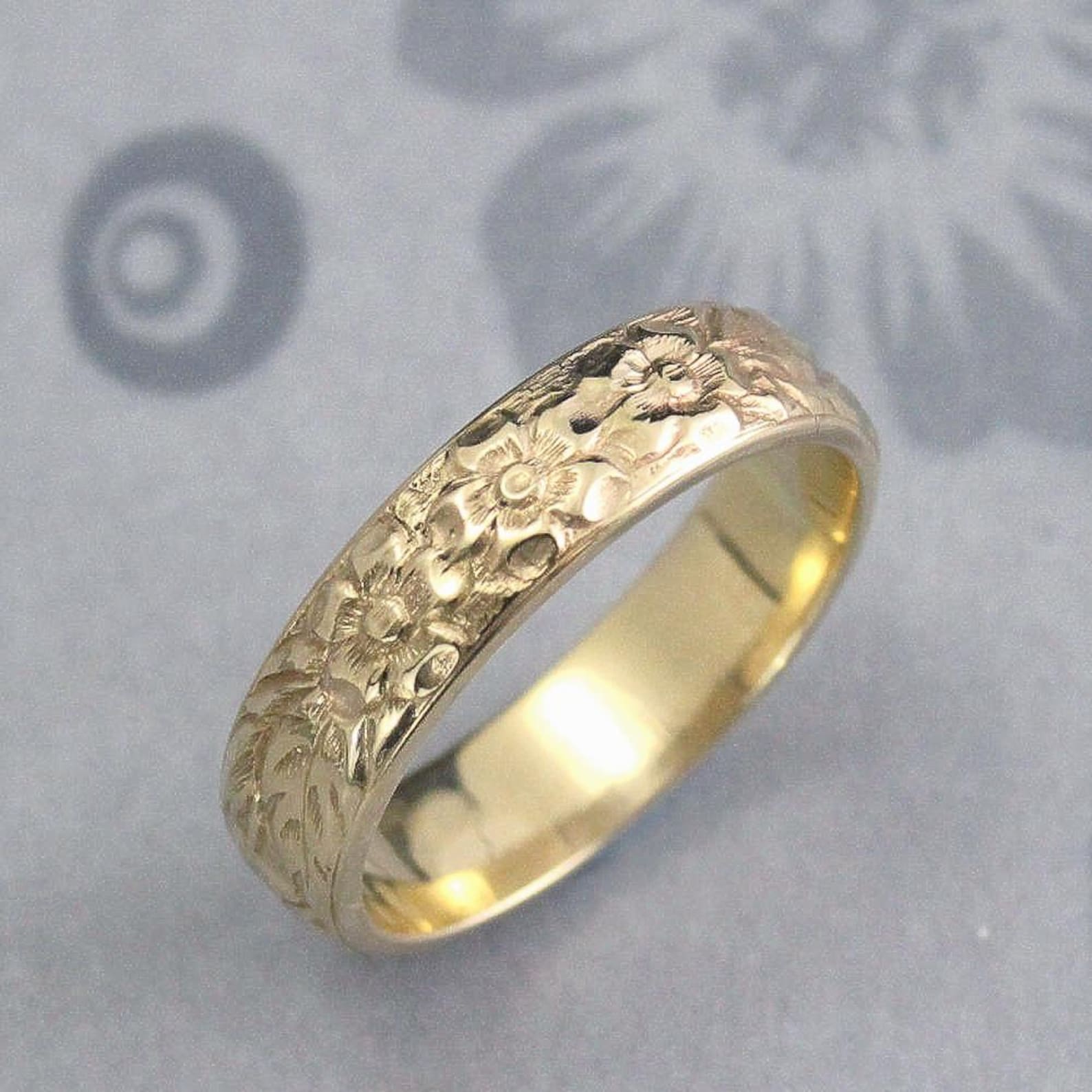 14K Gold Floral Ring~gold Wedding Band~wide Gold Band~gold Flower Band ...