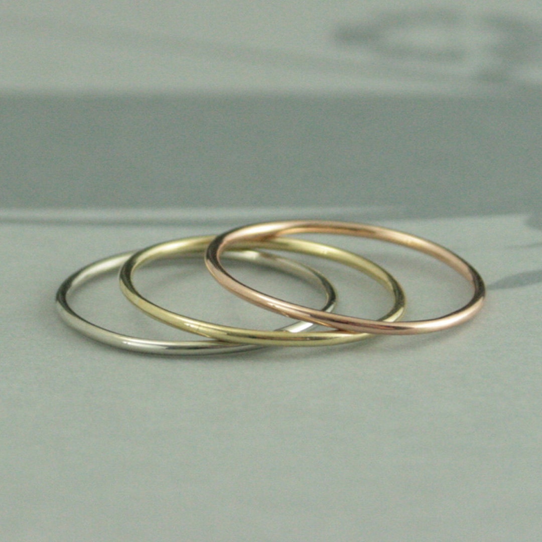 10K Gold 1mm Full Round Bands--set of Three Tri Color Stacking Rings ...
