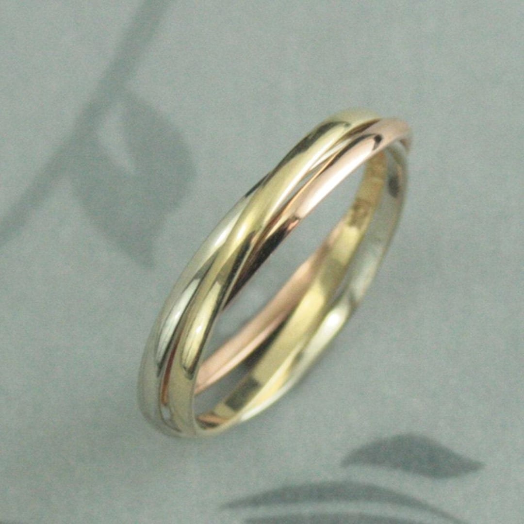 Tricolor Rolling Ring 10K Gold Interlocking Rings Wedding Band Skinny ...