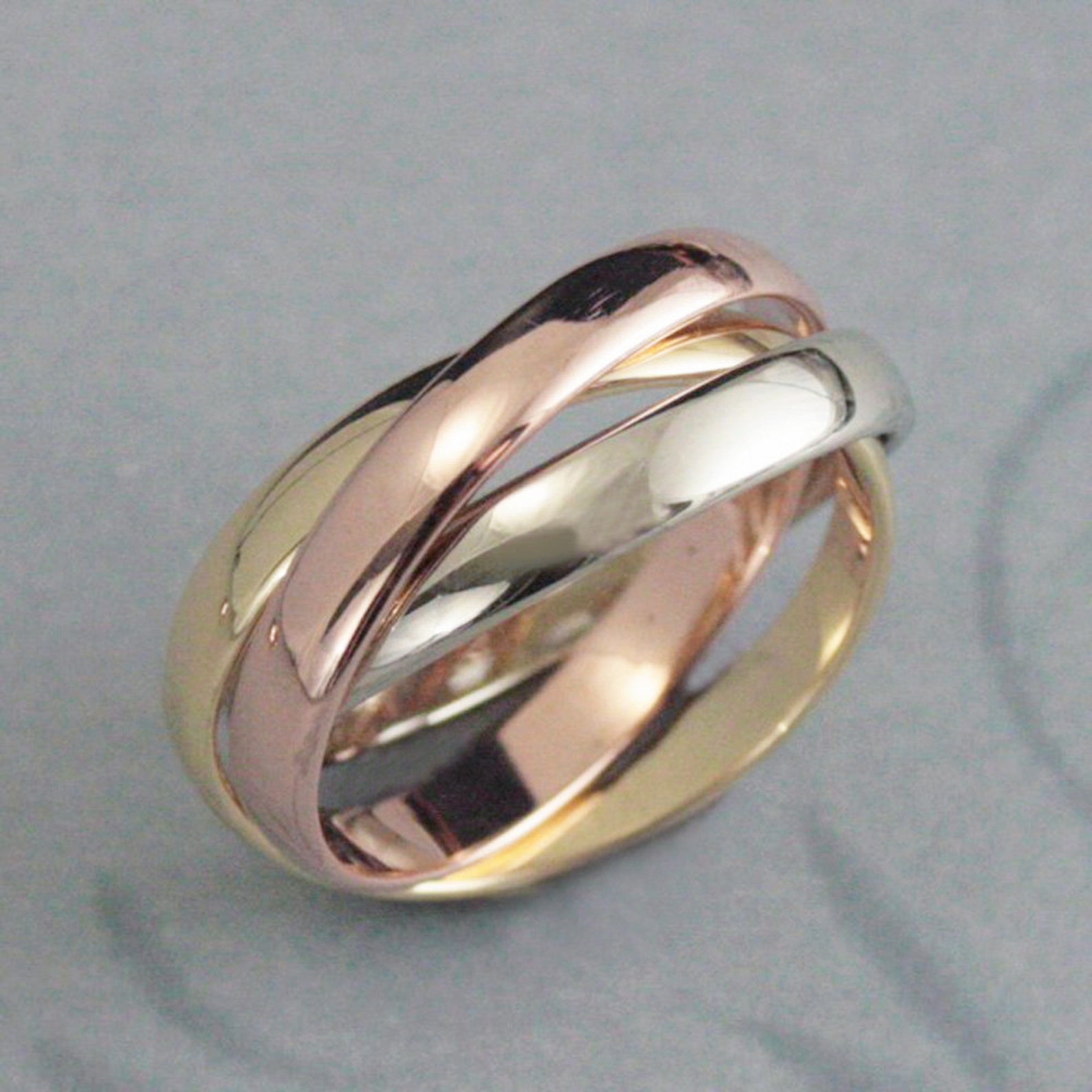 Solid 14K Wide Tricolor Rolling Ring Interlocking Bands Multi Colored Ring 3mm Wide Bands Mixed ...