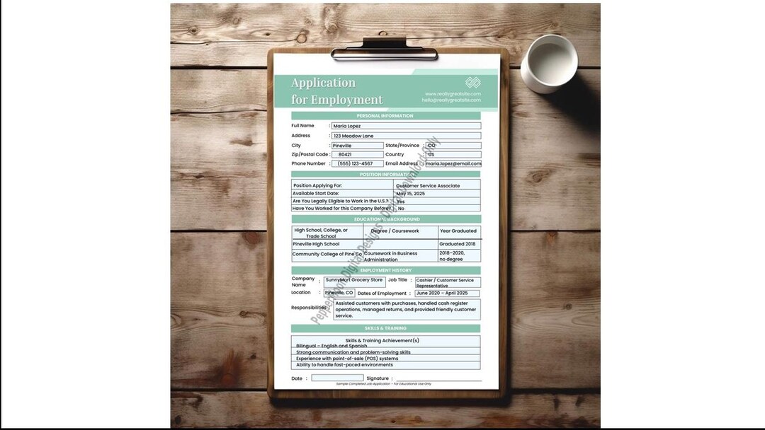 Sample Completed Job Application | Printable Job Prep for Teens ...