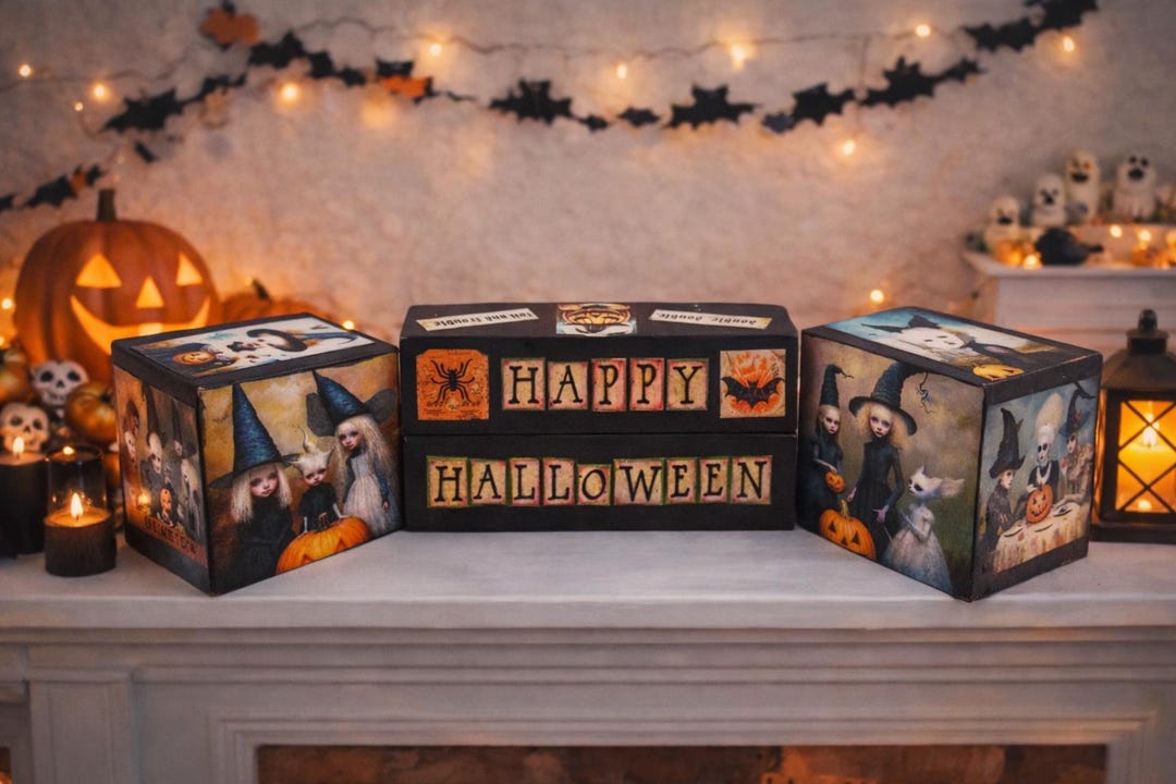 Handmade Halloween Blocks – Whimsical Witch Art, Gothic Shelf Decor - Etsy