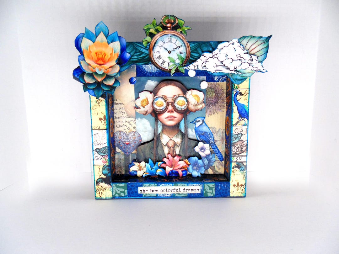 Handmade Shadow Box Collage Art of Girl With Glasses, Flowers, Birds ...