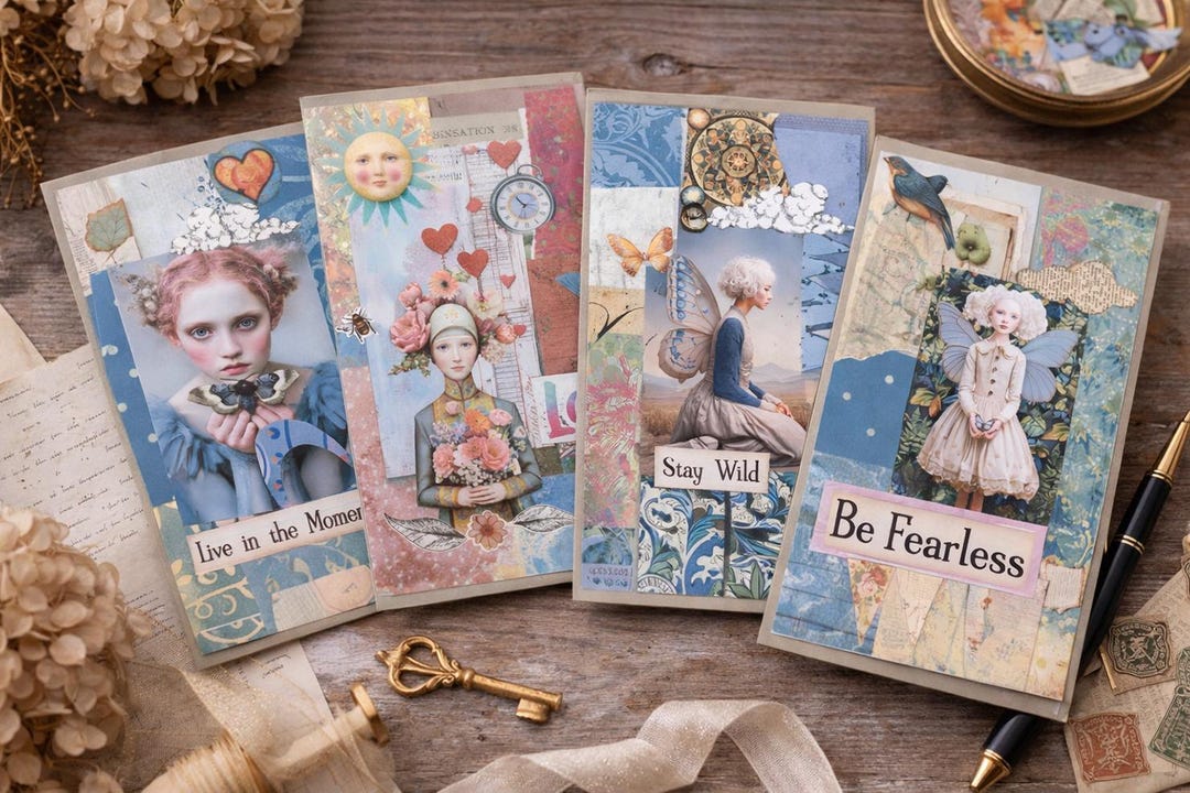 Handmade Collage Art Greeting Cards, Vintage Mixed Media Whimsical ...