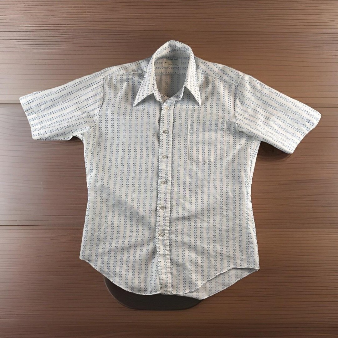 Vintage 70s Kmart Permanent Press Button up Shirt Mens L White Blue ...