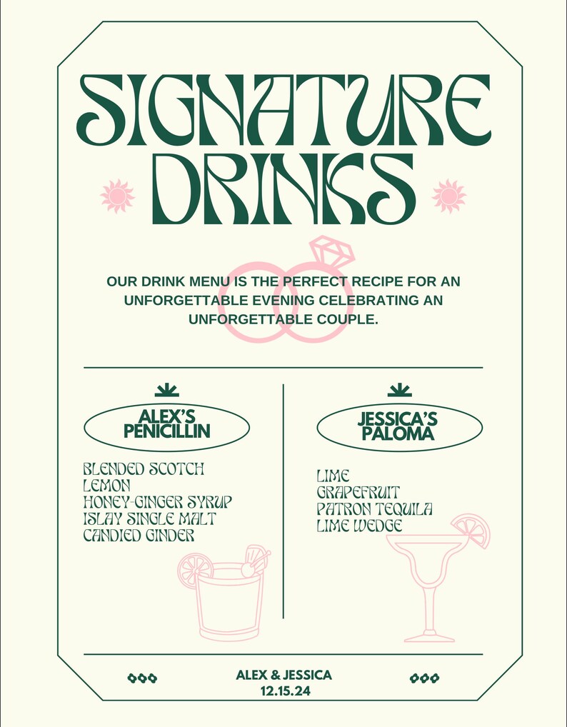 Unique Signature Drink Menu Template for Wedding - Etsy