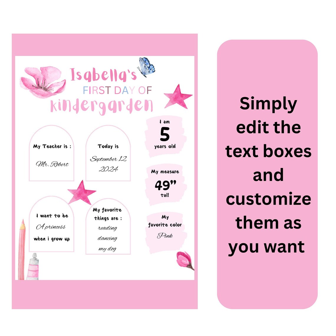 Editable Girly First Day of School, First Day of School Printable, Kids ...