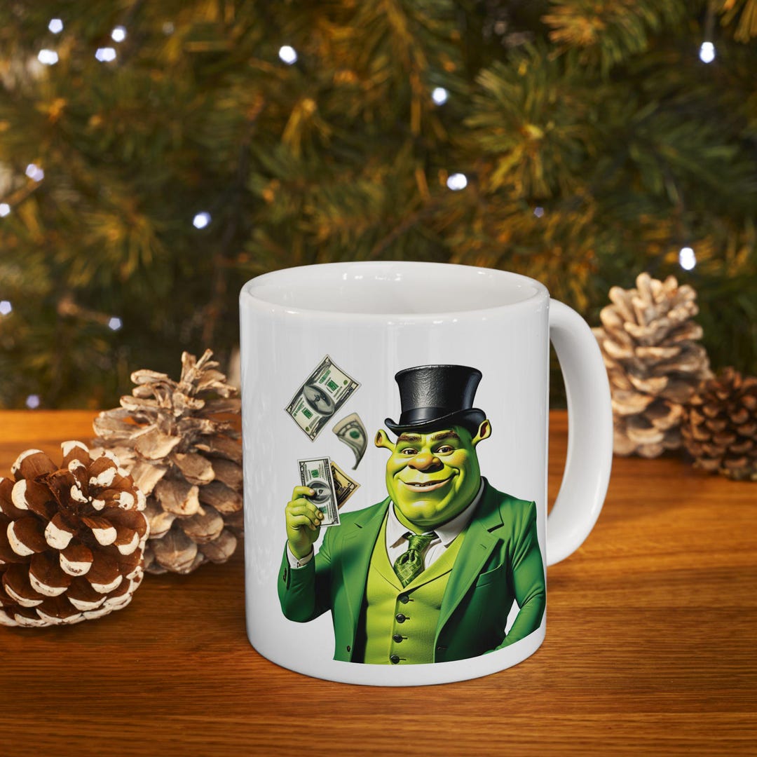 Shrek the Millionaire Mug, Iconic Green Ogre With Cash and Dollar Bills ...