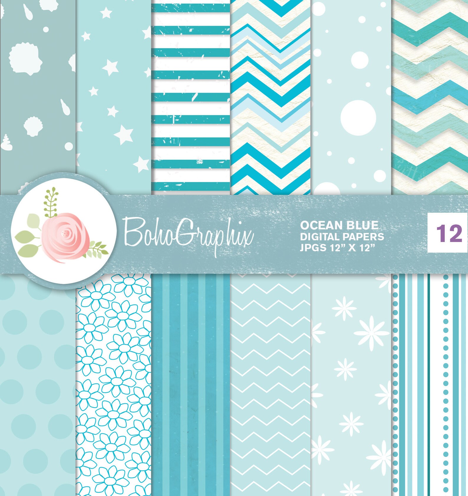 Ocean Blue Digital Paper Set, Scrapbook Backgrounds (digital Download ...