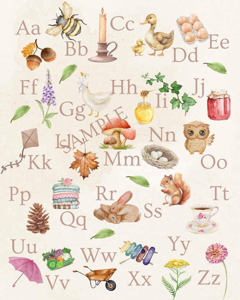 Cottage Core Alphabet Poster DIGITAL PRINT Whimsical Forest Animals ...