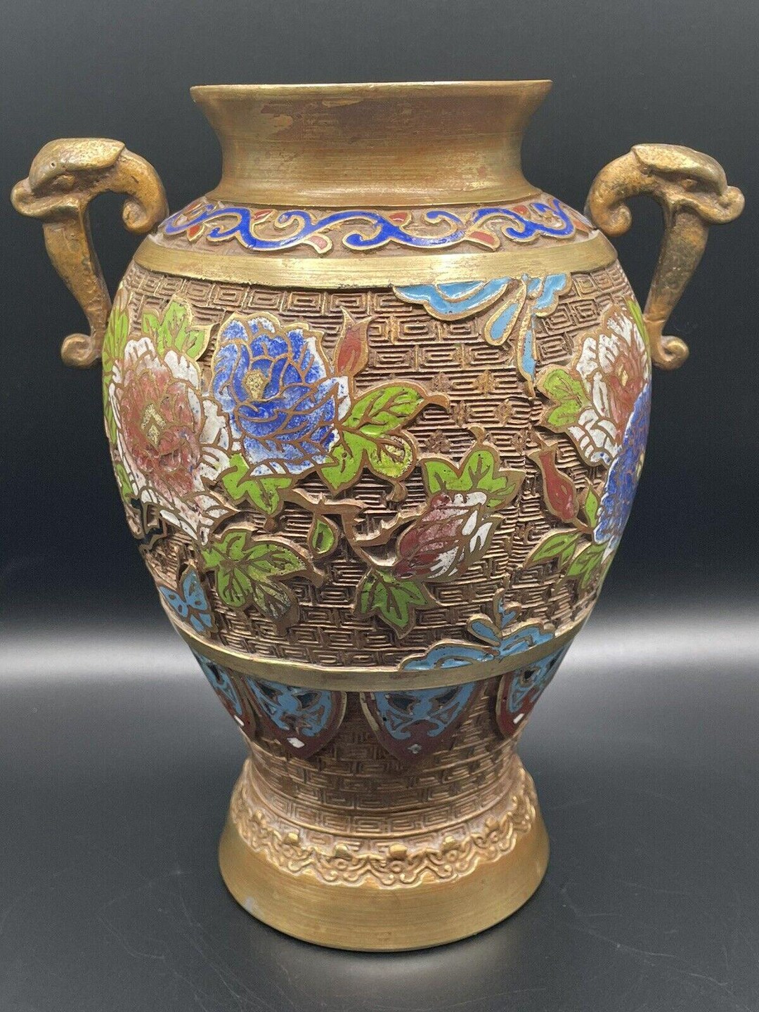Vintage Japanese Champleve Enameled Bronze Brass Vase With Fish Handles ...