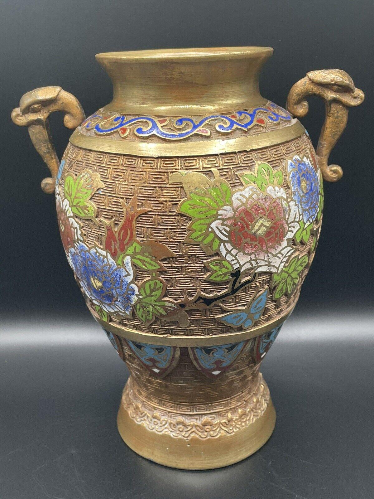 Vintage Japanese Champleve Enameled Bronze Brass Vase With Fish Handles ...