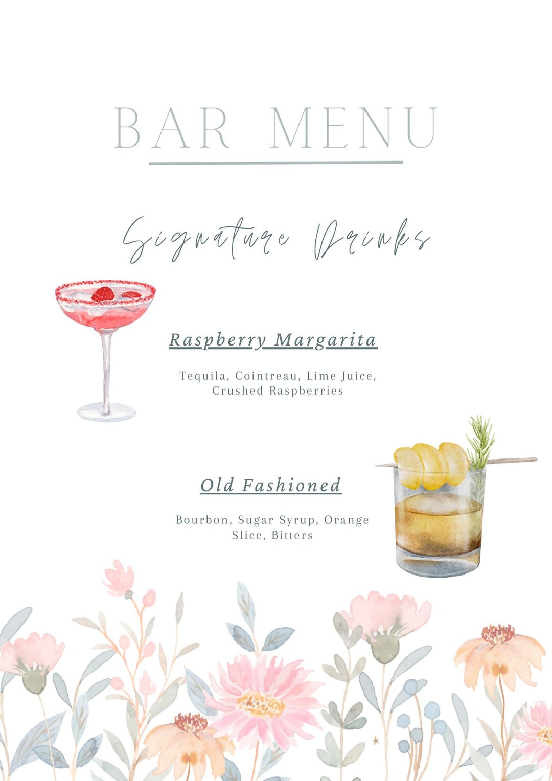 Elegant Floral Bar Menu Template for Wedding, Birthday, Baby Shower - Etsy