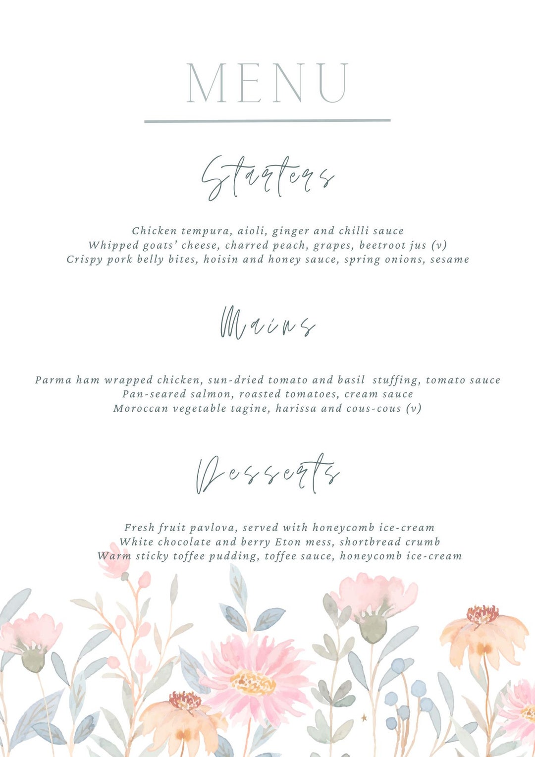 Elegant Floral Food Menu for Wedding, Birthday, Baby Shower - Etsy