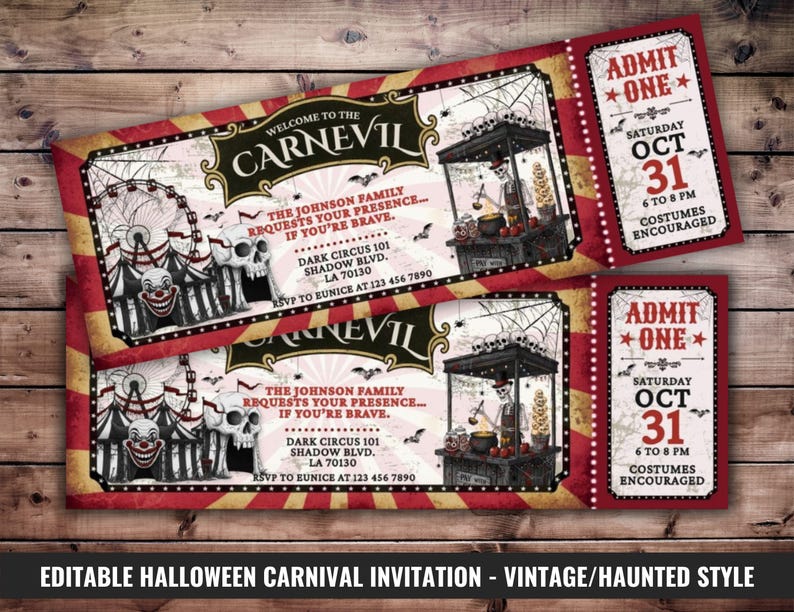 Halloween Carnival Ticket Invitation, Scary Carnevil Circus Invite ...