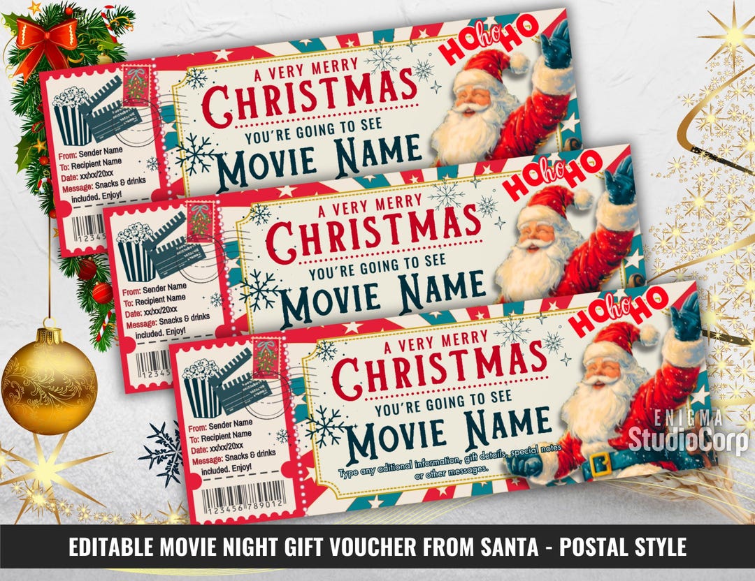 Movie Night Gift Ticket From Santa, Christmas Cinema Gift Certificate ...