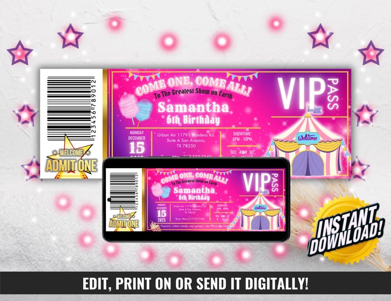 Carnival VIP Ticket Birthday Invitation, Circus Party Invite for Girls ...