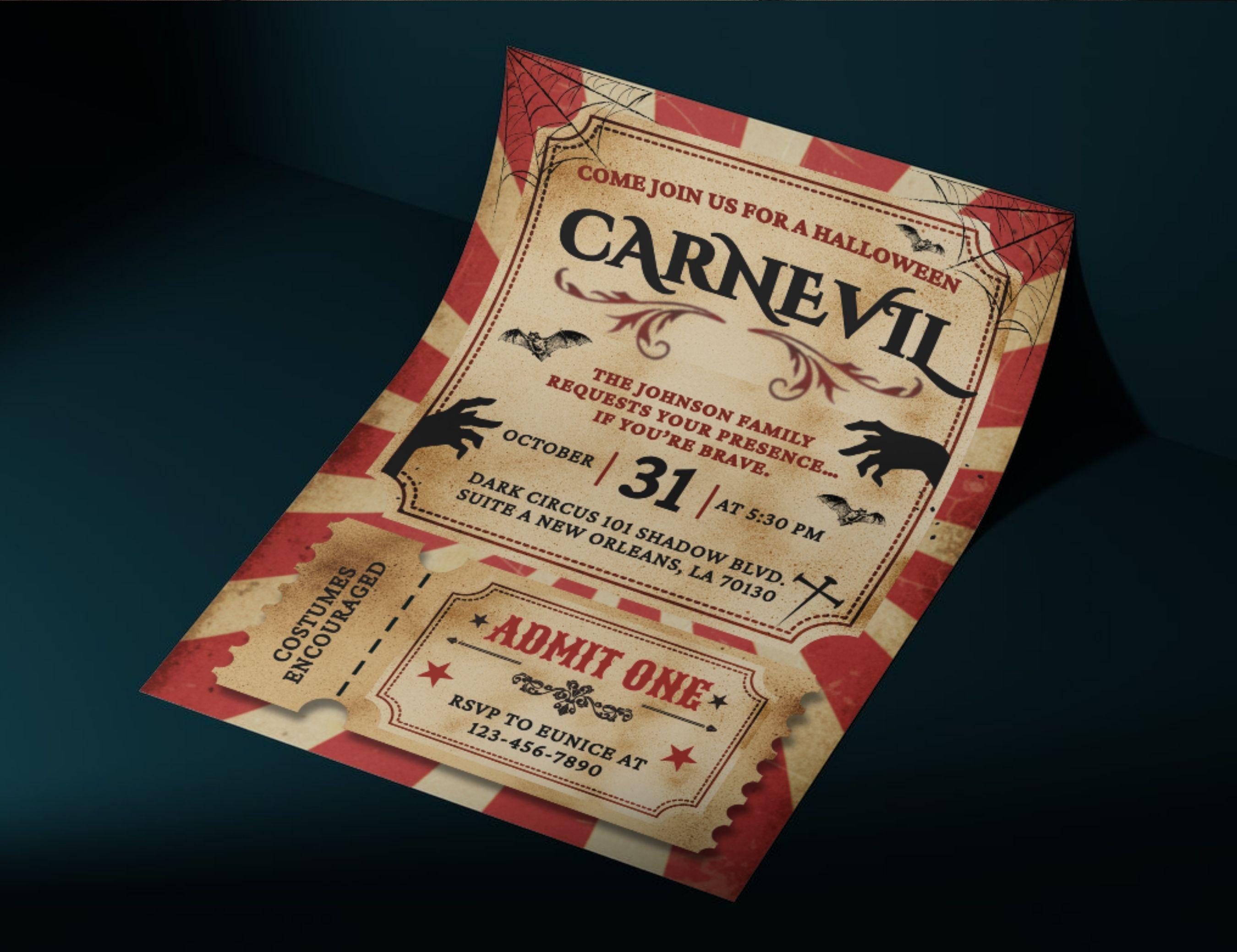 Editable Vintage Halloween Carnival Invitation, Scary Carnevil Circus ...