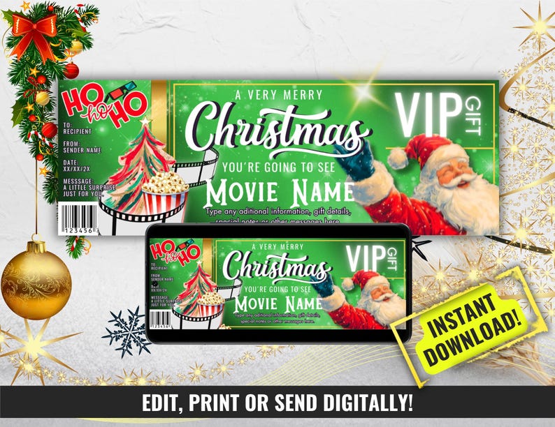 Christmas Movie Ticket, Movie Night Gift Voucher From Santa, Christmas ...