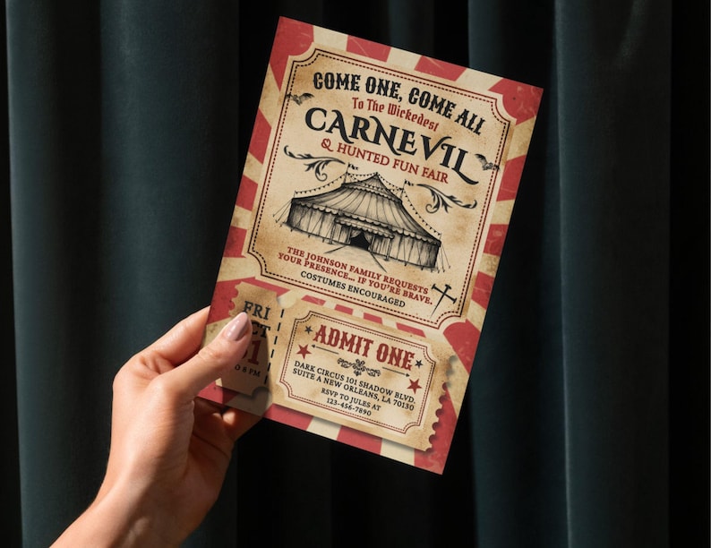 Editable Vintage Halloween Carnival Invitation, Scary Carnevil Circus ...
