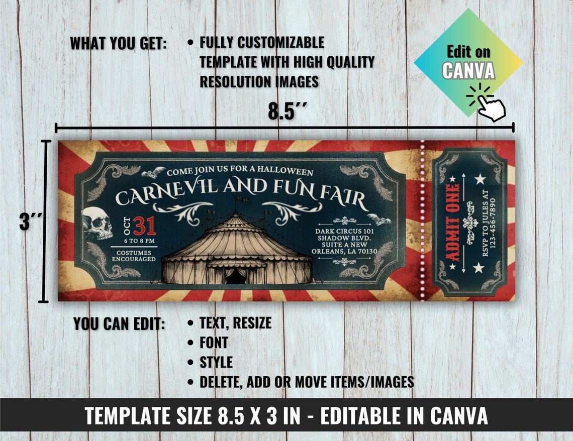 Halloween Carnival Ticket Invitation, Scary Carnevil Chalkboard Circus ...