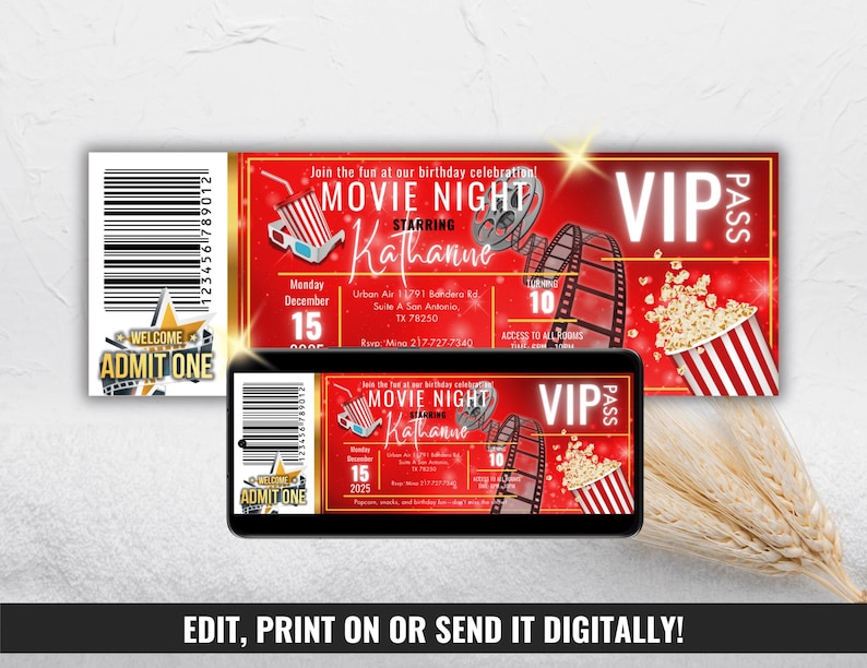 Movie Night VIP Ticket Invitation, Cinema Birthday Party Invite, Red ...