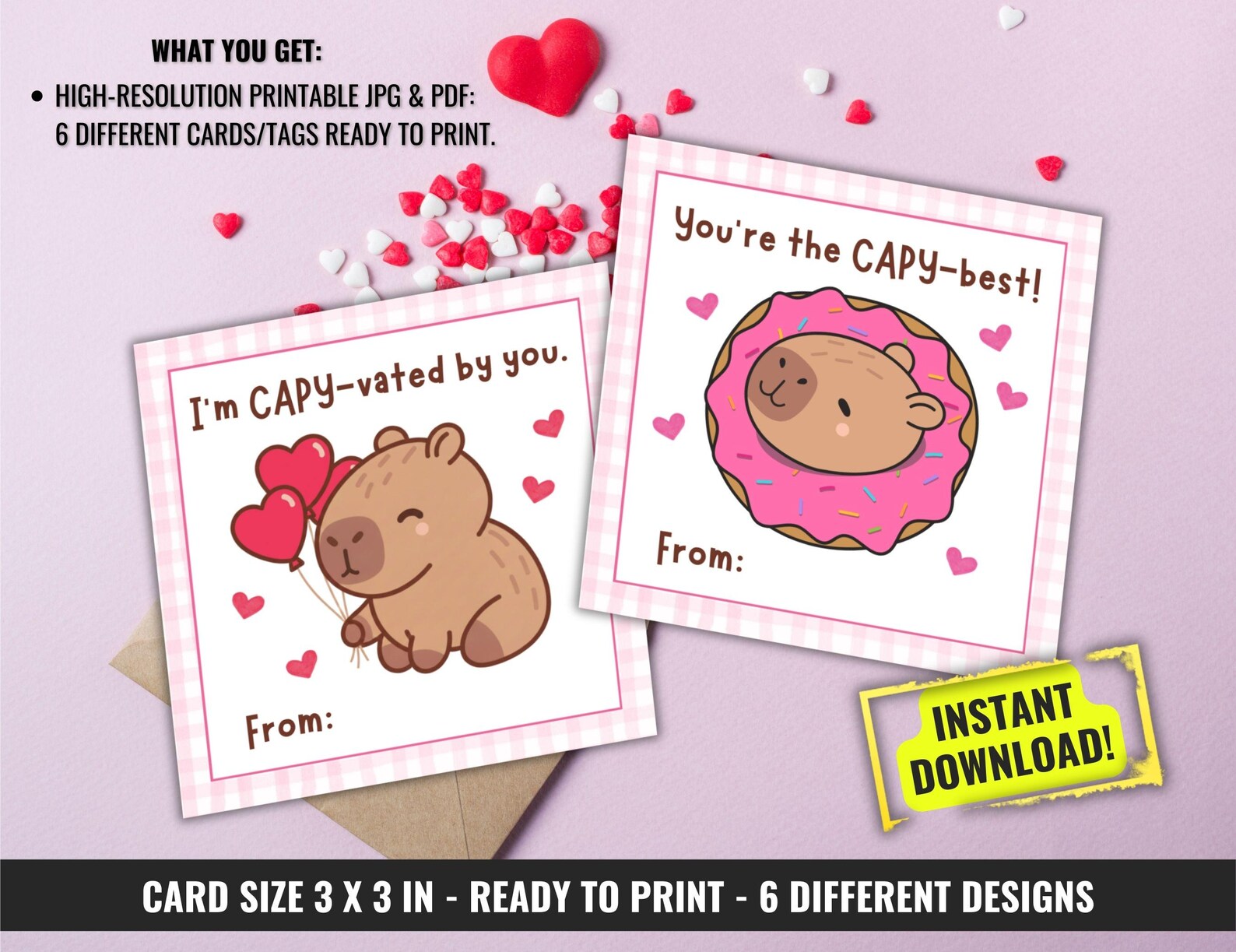 Capybara Valentine Cards, Pink Capy Gift Tags, Printable Kids ...
