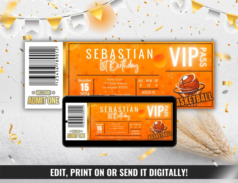 Basketball Invitation Ticket, Basketball Birthday VIP Ticket, Editable ...