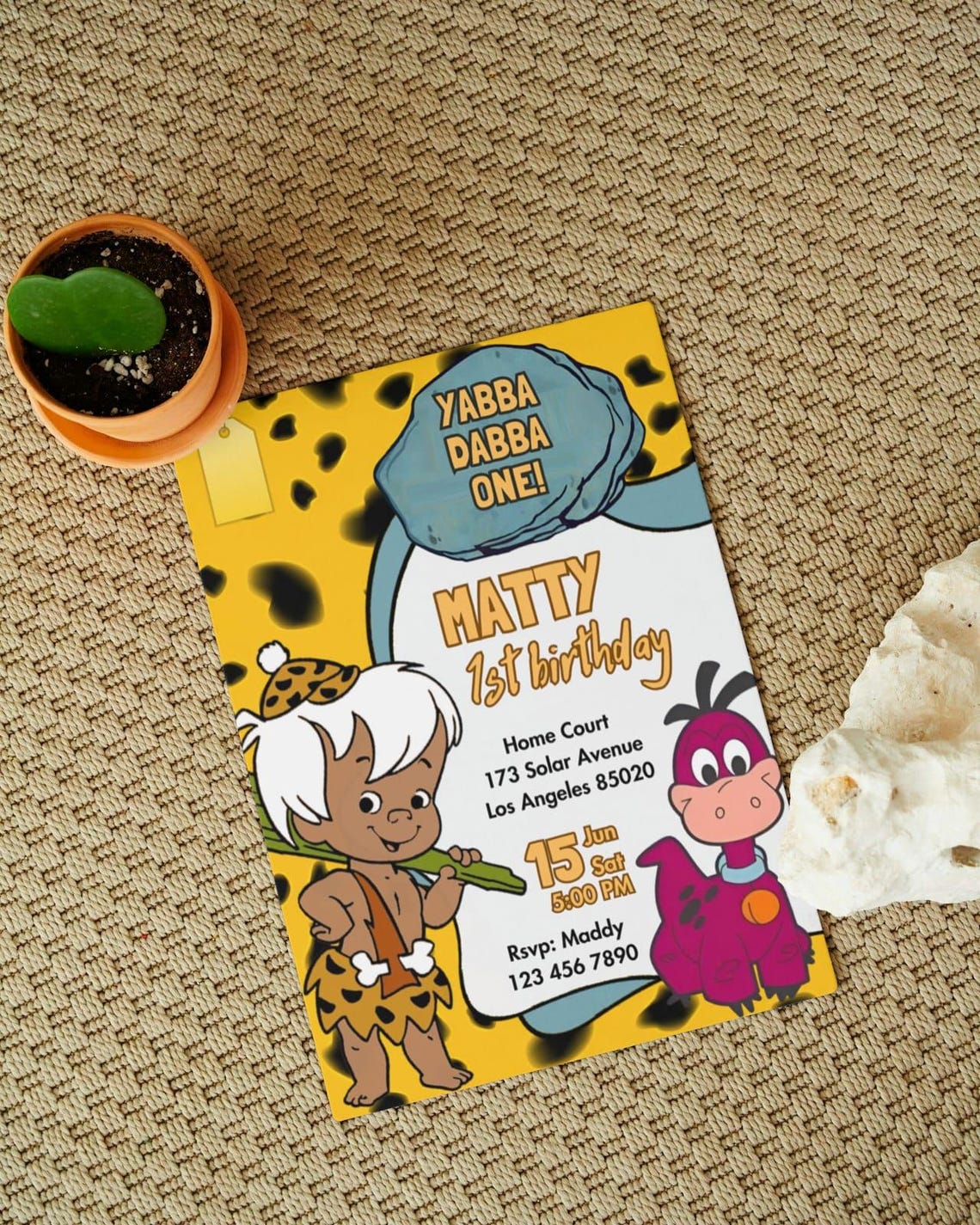 Afro Baby Boy & Dino Birthday Invitation, Yellow Stone Age Themed VIP ...