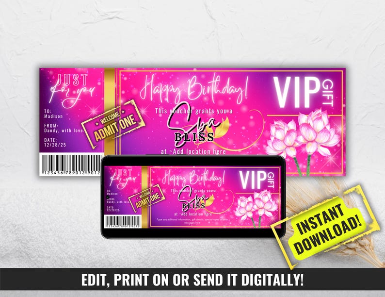 Editable Spa Voucher Ticket VIP Gift, Birthday Spa Surprise, Printable ...
