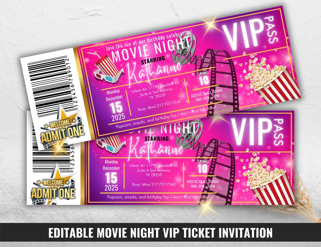 Movie Night VIP Ticket Invitation, Cinema Birthday Party Invite, Hot ...