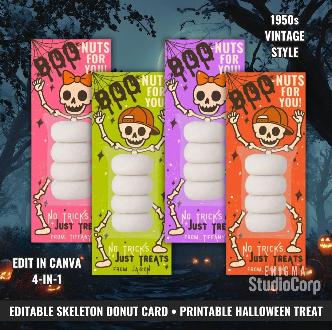 Donut Skeleton Treat Bundle, Editable Halloween Treat, 1950s Vintage ...
