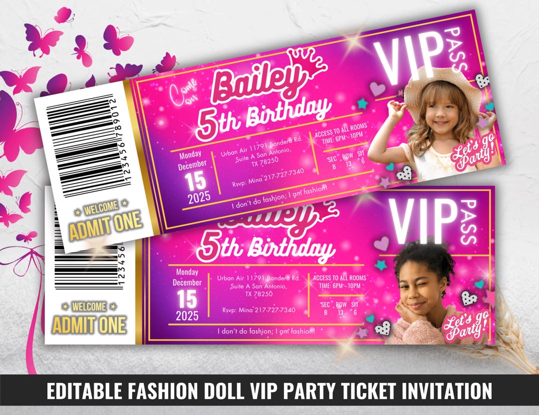 Fashion Doll Girl Birthday Photo VIP Ticket Invitation, Glitter ...