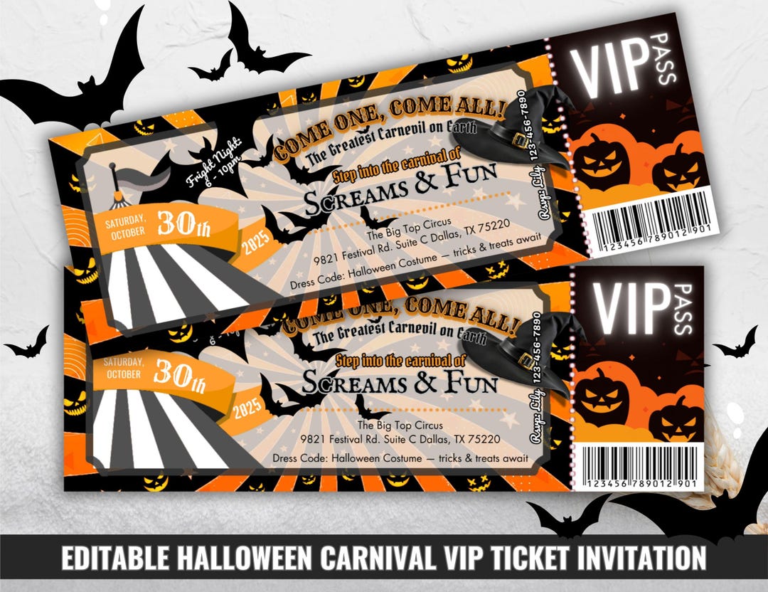 Halloween Carnival Ticket Invitation, Carnevil Circus Party Invite ...