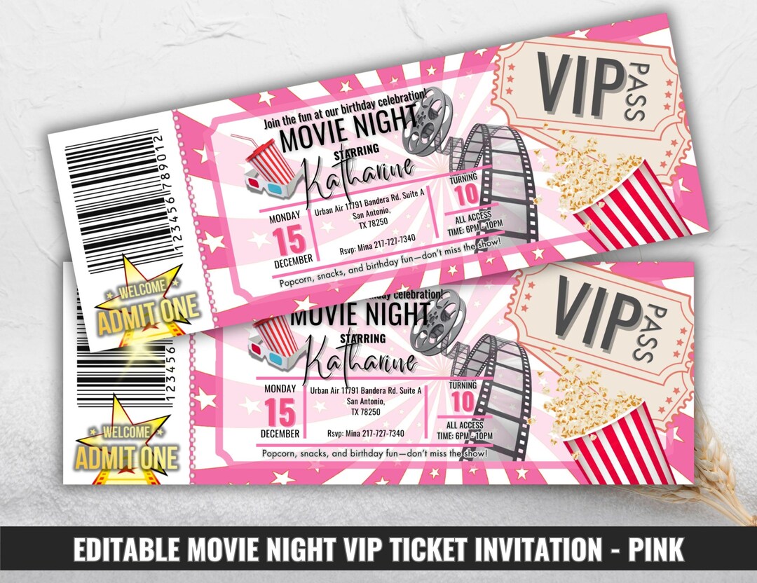 Movie Night VIP Ticket Invitation for Girls, Cinema Birthday Party ...