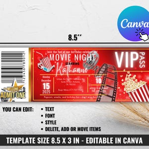 Movie Night VIP Ticket Invitation, Cinema Birthday Party Invite, Red ...