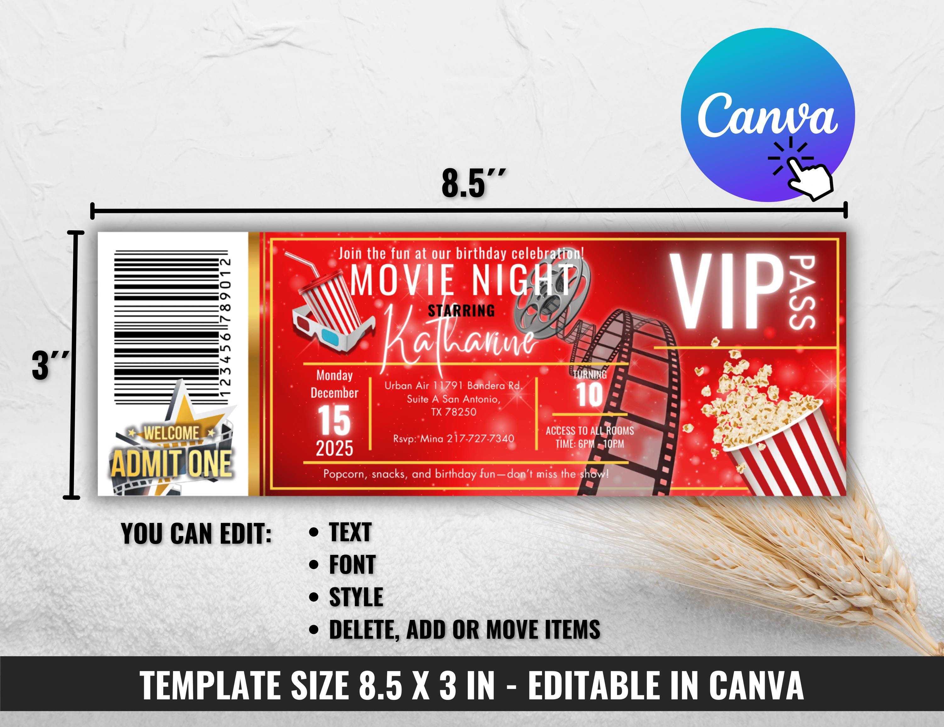 Movie Night VIP Ticket Invitation, Cinema Birthday Party Invite, Red ...