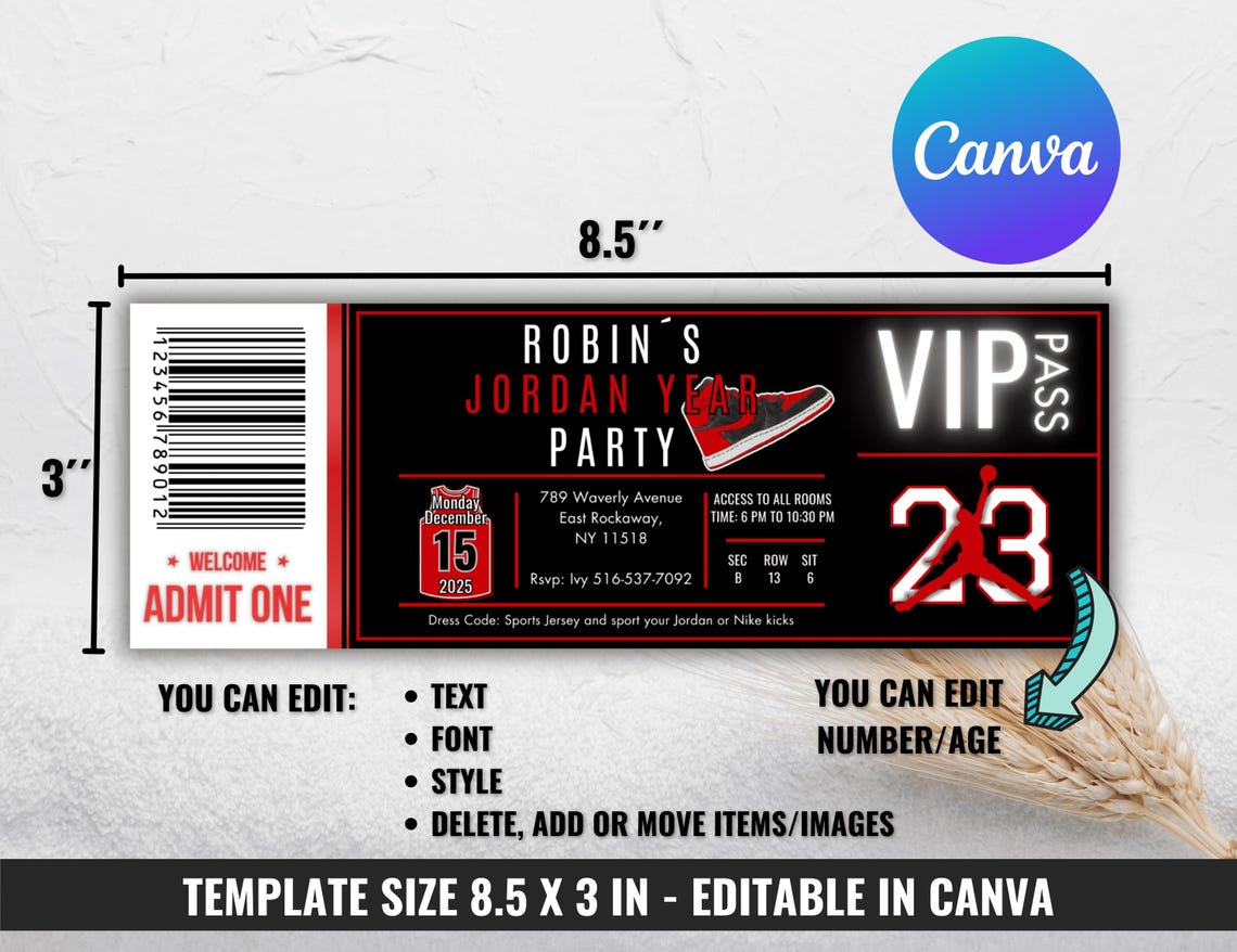 Jordan Year Basketball Game VIP Ticket Invitation, Jordan Birthday ...