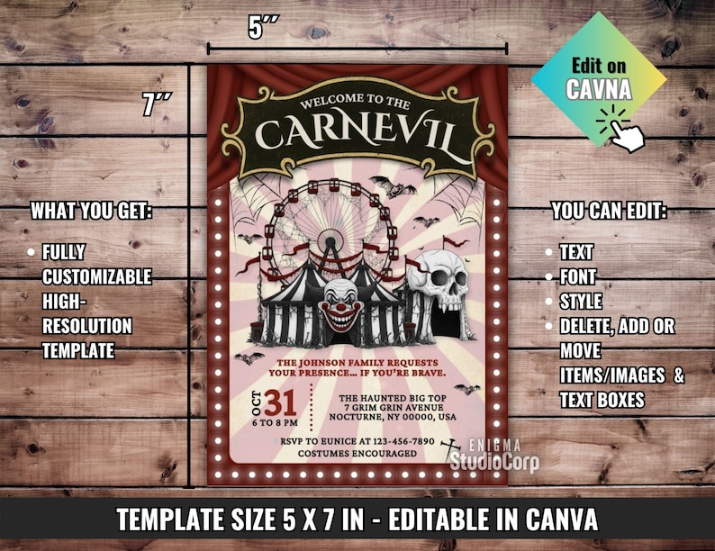 Editable Halloween Carnival Invitation, Scary Carnevil Circus Invite ...