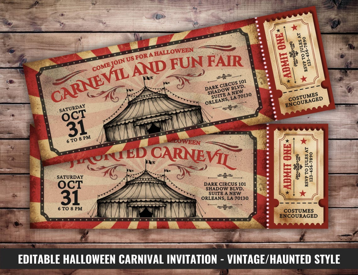 Halloween Carnival Ticket Invitation, Scary Carnevil Circus Invite ...