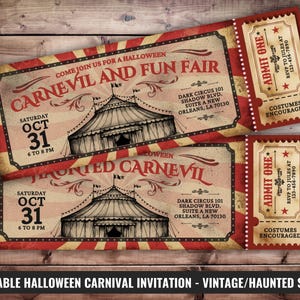 Halloween Carnival Ticket Invitation, Scary Carnevil Circus Invite ...