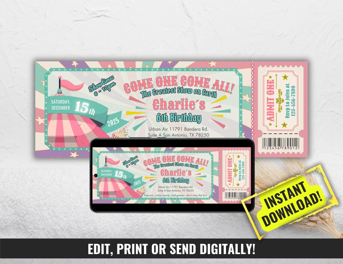 Carnival Ticket Birthday Invitation for Girls, Pastel Pink Circus Party ...