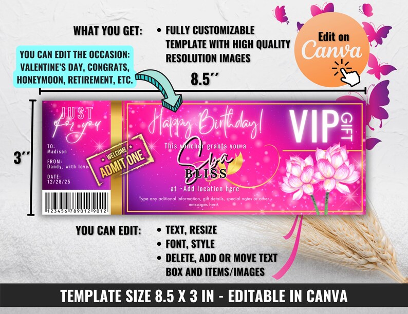 Editable Spa Voucher Ticket VIP Gift, Birthday Spa Surprise, Printable ...
