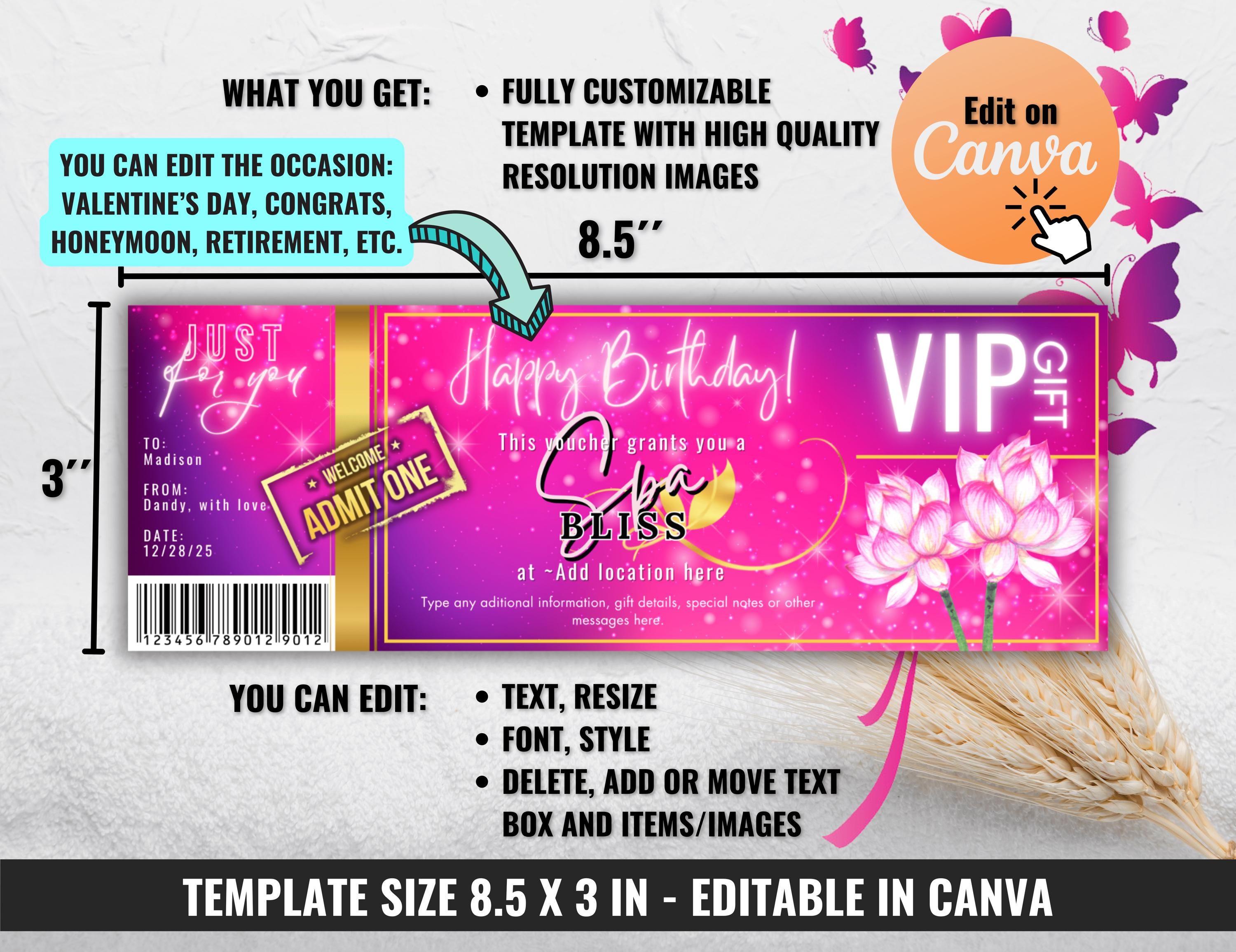 Editable Spa Voucher Ticket VIP Gift, Birthday Spa Surprise, Printable ...