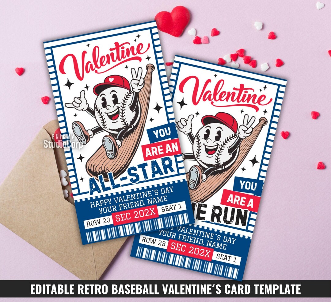 Retro Baseball Valentine Card Kids Classroom Exchange, Printable ...