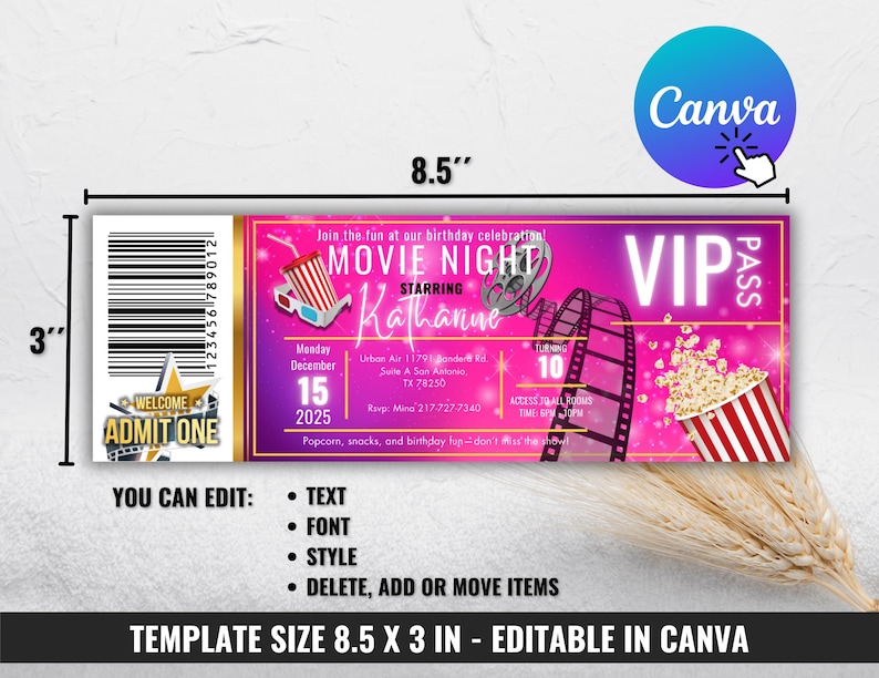 Movie Night VIP Ticket Invitation, Cinema Birthday Party Invite, Hot ...