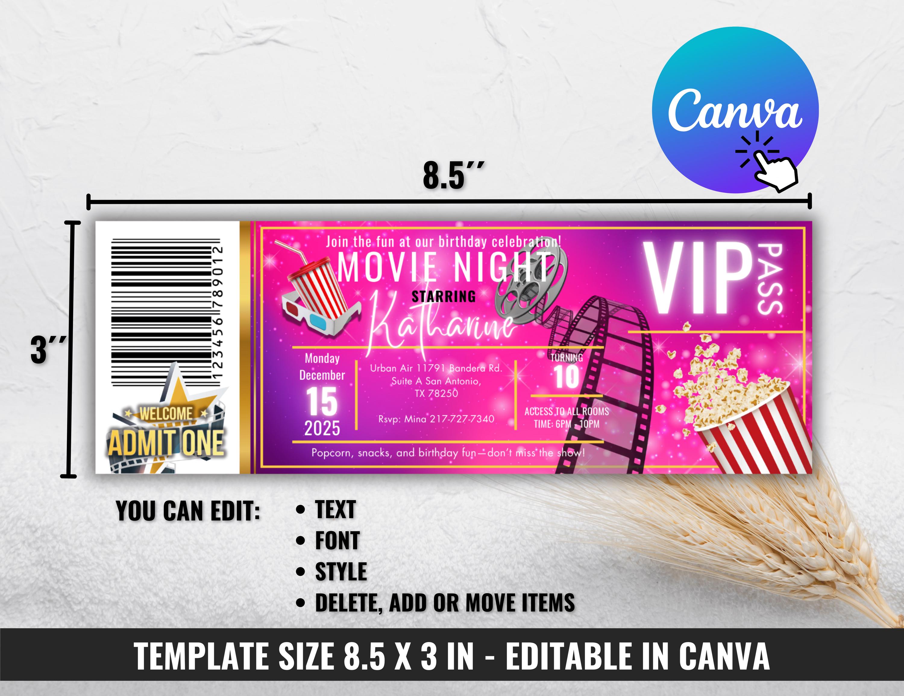 Movie Night VIP Ticket Invitation, Cinema Birthday Party Invite, Hot ...