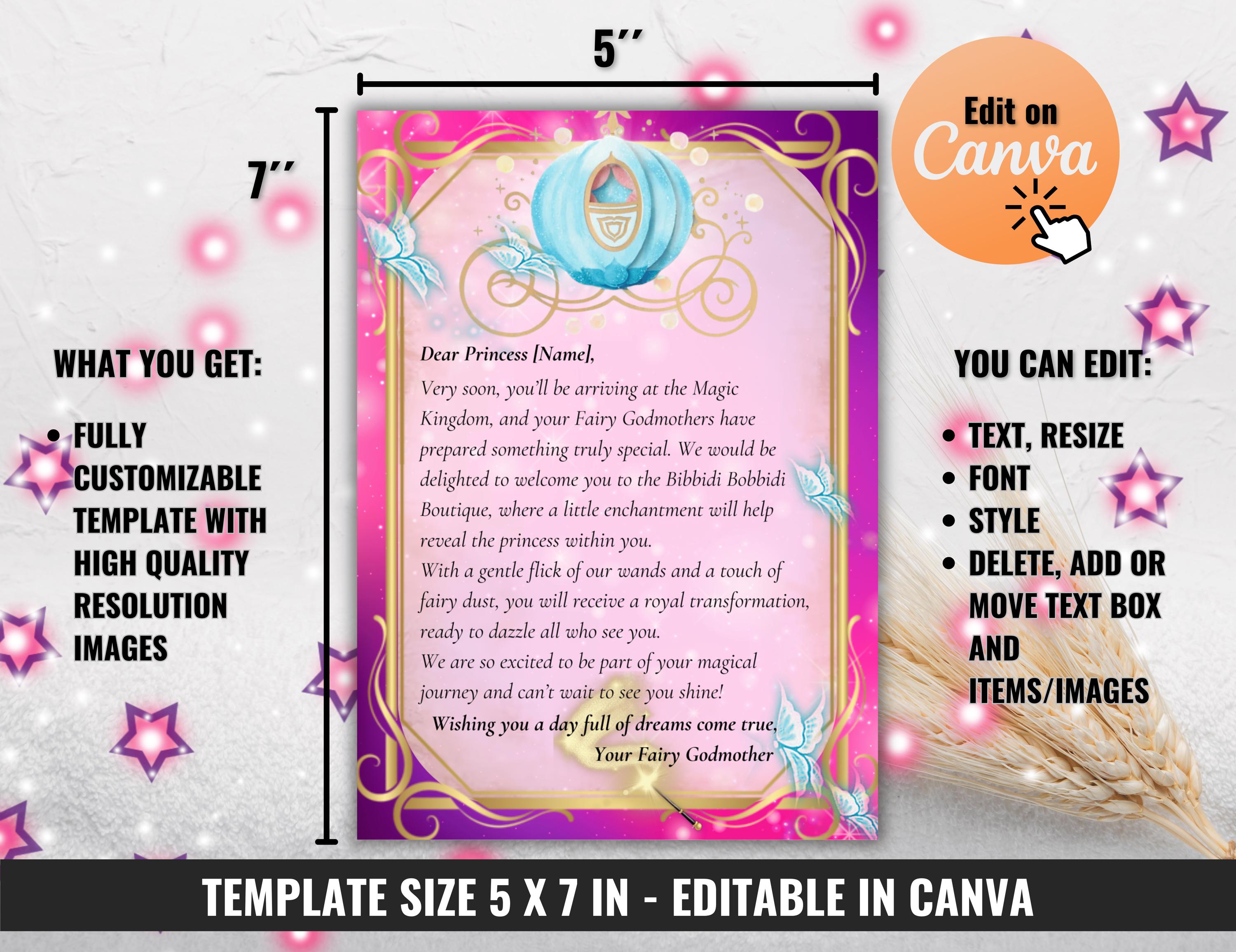 Editable Bibbidi Bobbidi Boutique Letter Invitation, Princess Makeover ...
