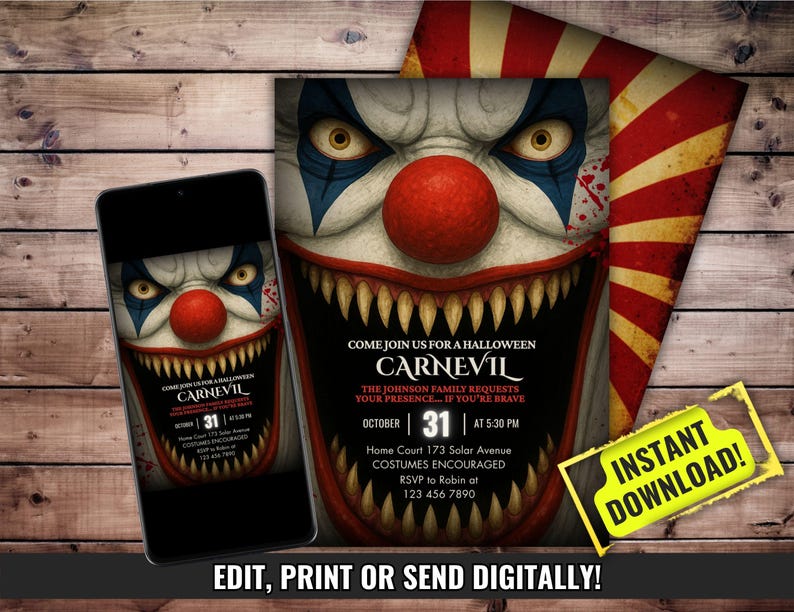 Editable Clown Horror Invitation, Scary Bloody Halloween Carnival Fair ...