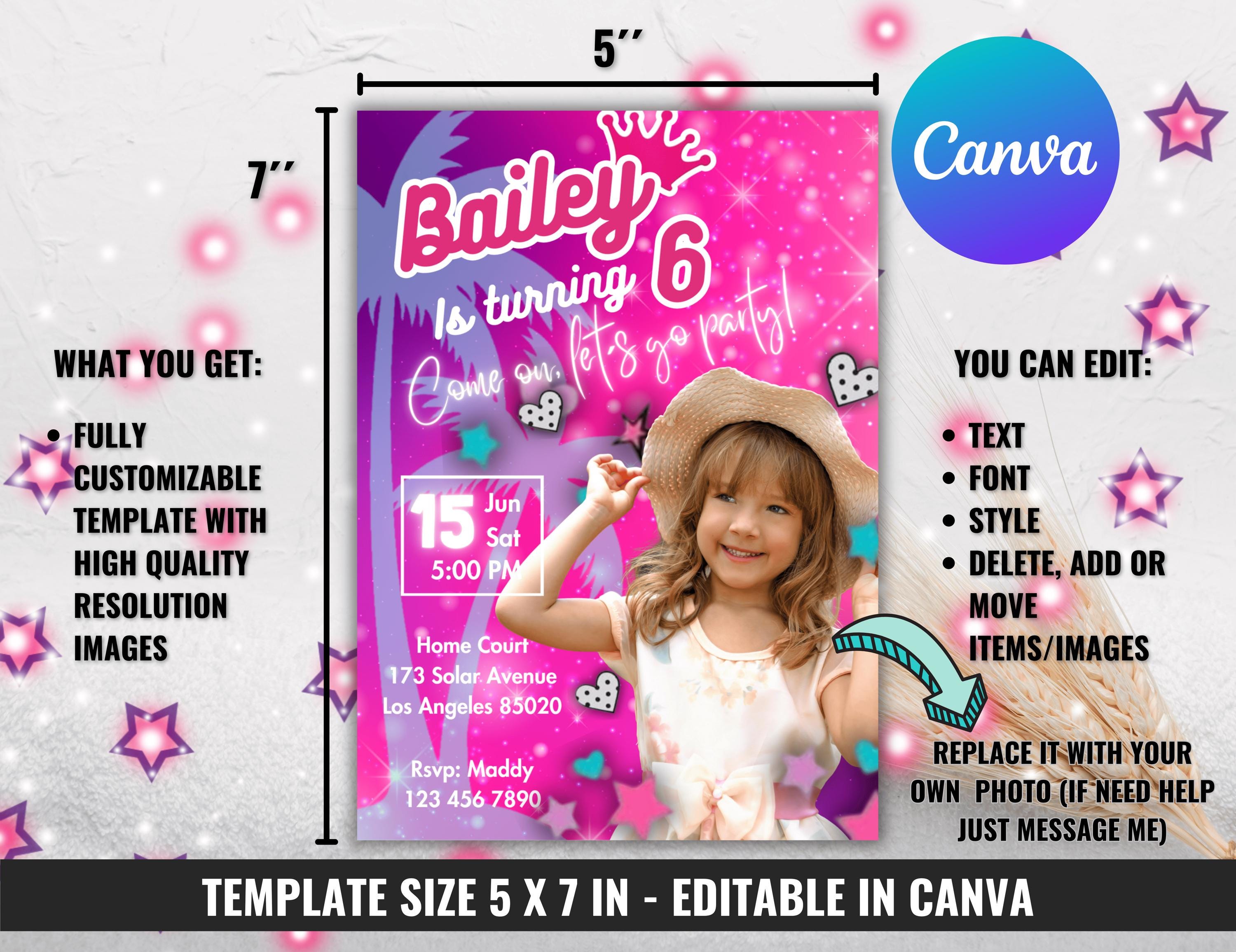Pink Doll Girl Birthday Photo Invitation, Glitter Malibu Princess Party ...